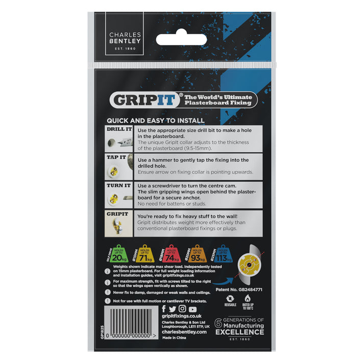 Gripit Plasterboard Anchor Fixing (Yellow) - holds weights up to 71kg