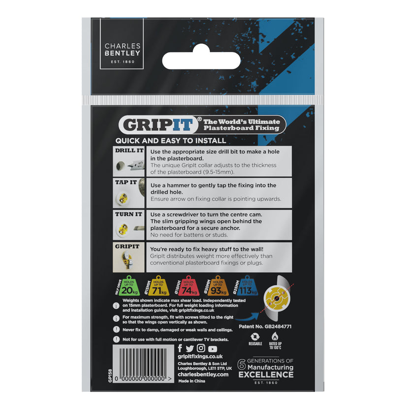 Gripit Plasterboard Anchor Fixing (Yellow) - holds weights up to 71kg