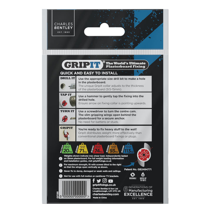 Gripit Plasterboard Fixing (Red) - holds weights safely up to 74kg