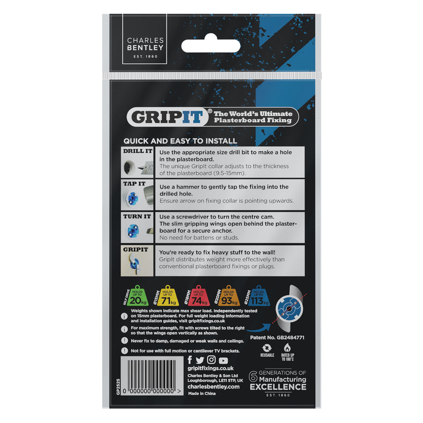 Gripit Plasterboard Fixing (Blue) - holds weights safely up to 113kg