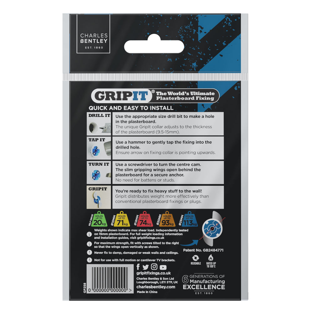 Gripit Plasterboard Fixing (Blue) - holds weights safely up to 113kg